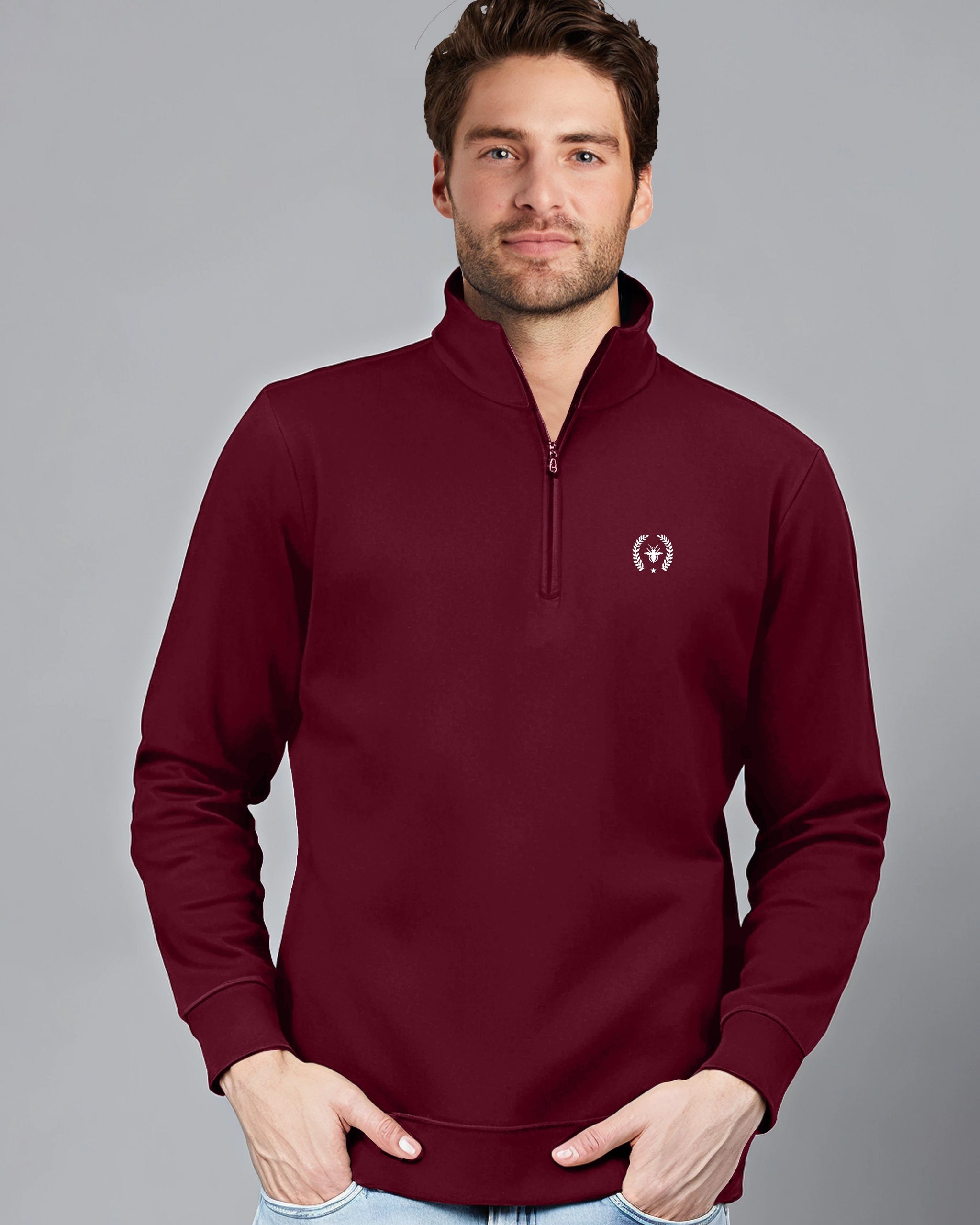 Logo Highneck Half Zipper for Men-Maroon
